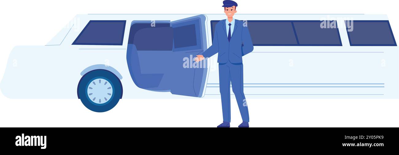 Limo driver open car door. Luxury passenger transport isolated on white ...