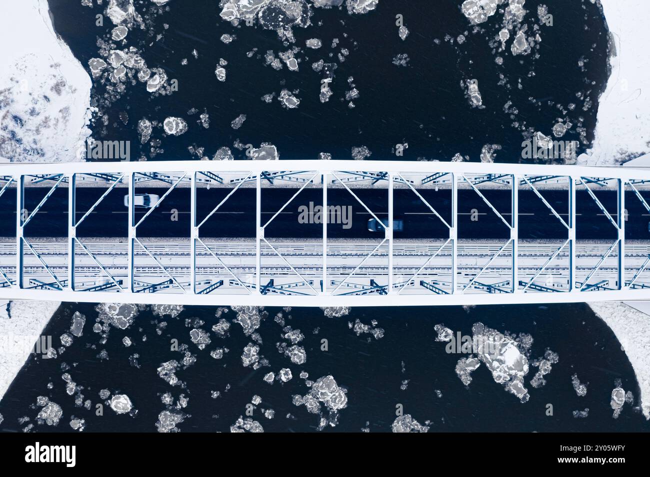 Top down view of river with floe and bridge above, aerial view of ...