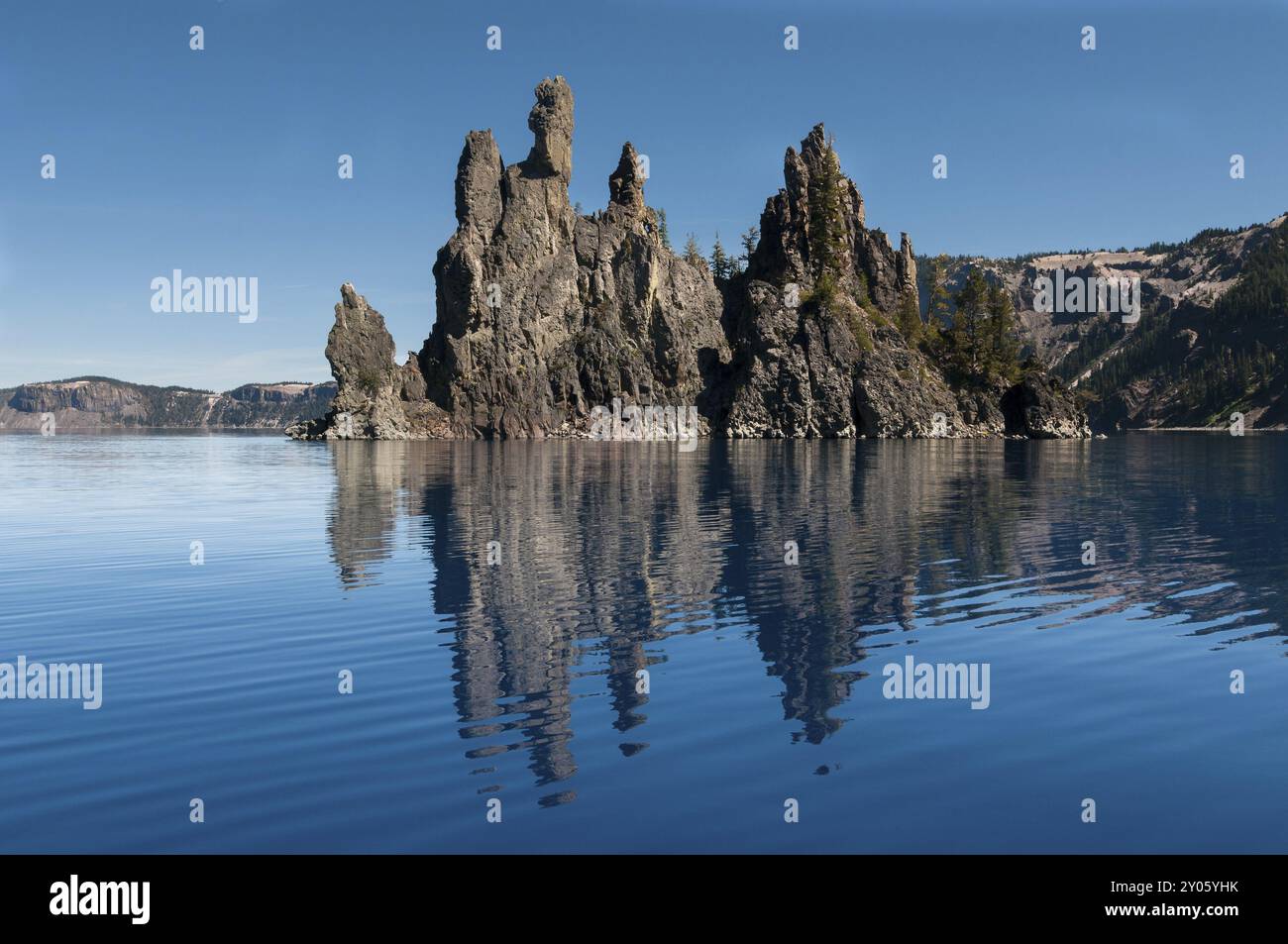 Phantom Ship rock formation in the crater lake of Mount Mazama in ...