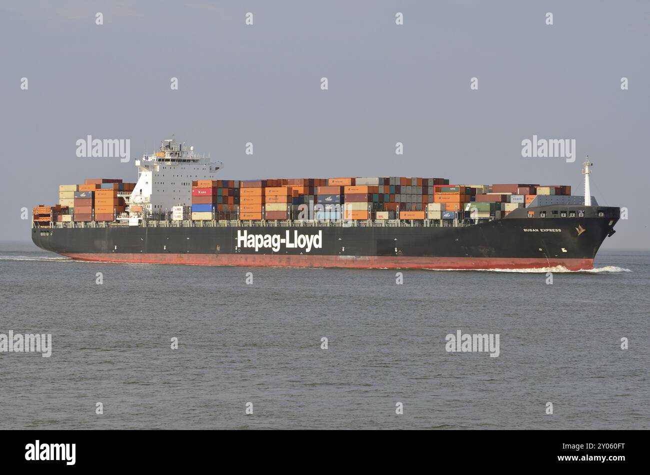 Containership Busan Express, IMO No. 9252577 approaching Cuxhaven Stock ...