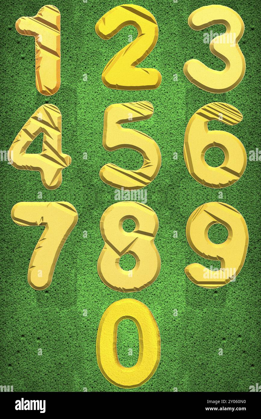 The numbers one, till nine and followed by a zero in golden yellow ...