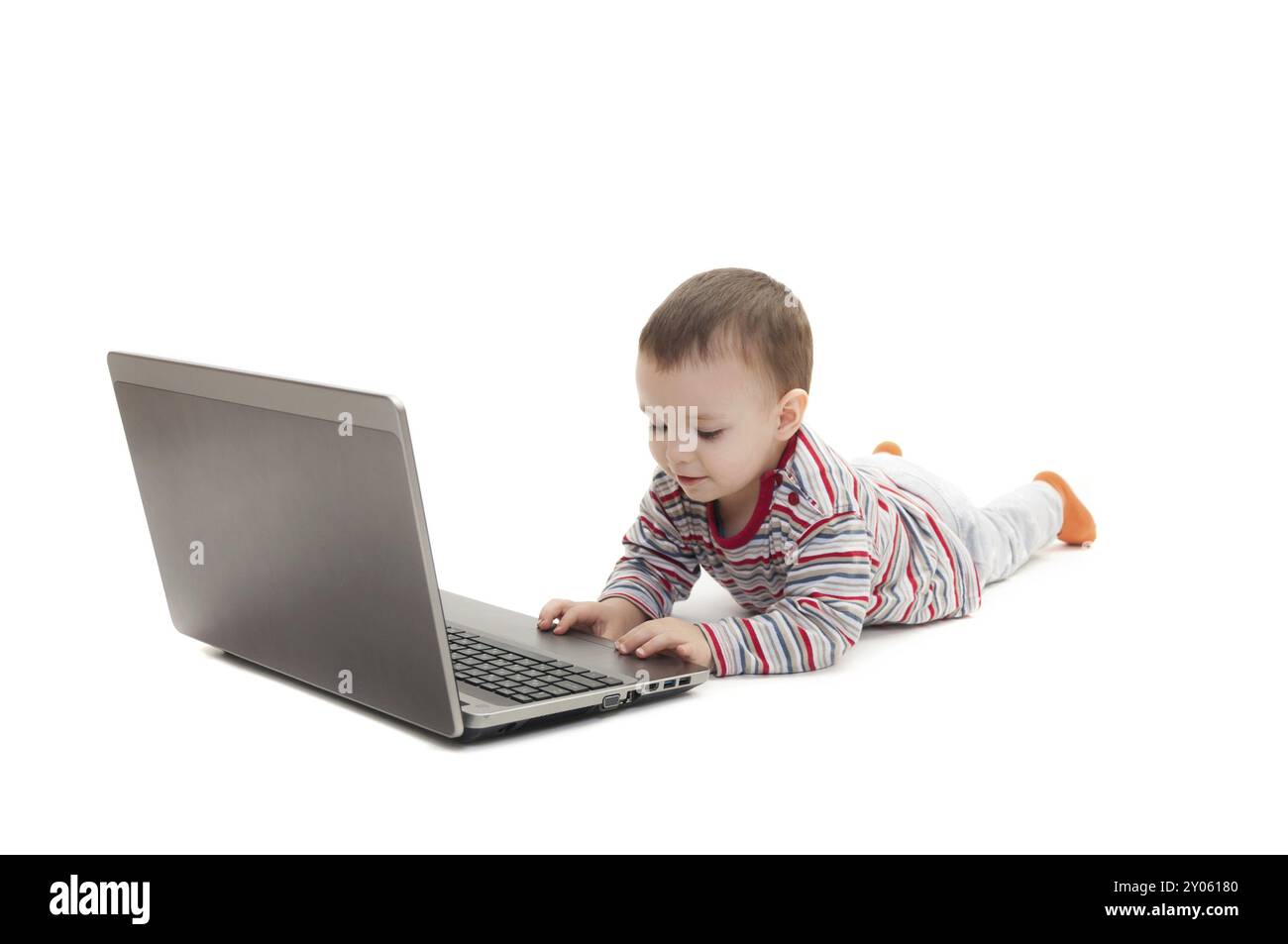 Child push button on the laptop isolated on white background Stock ...