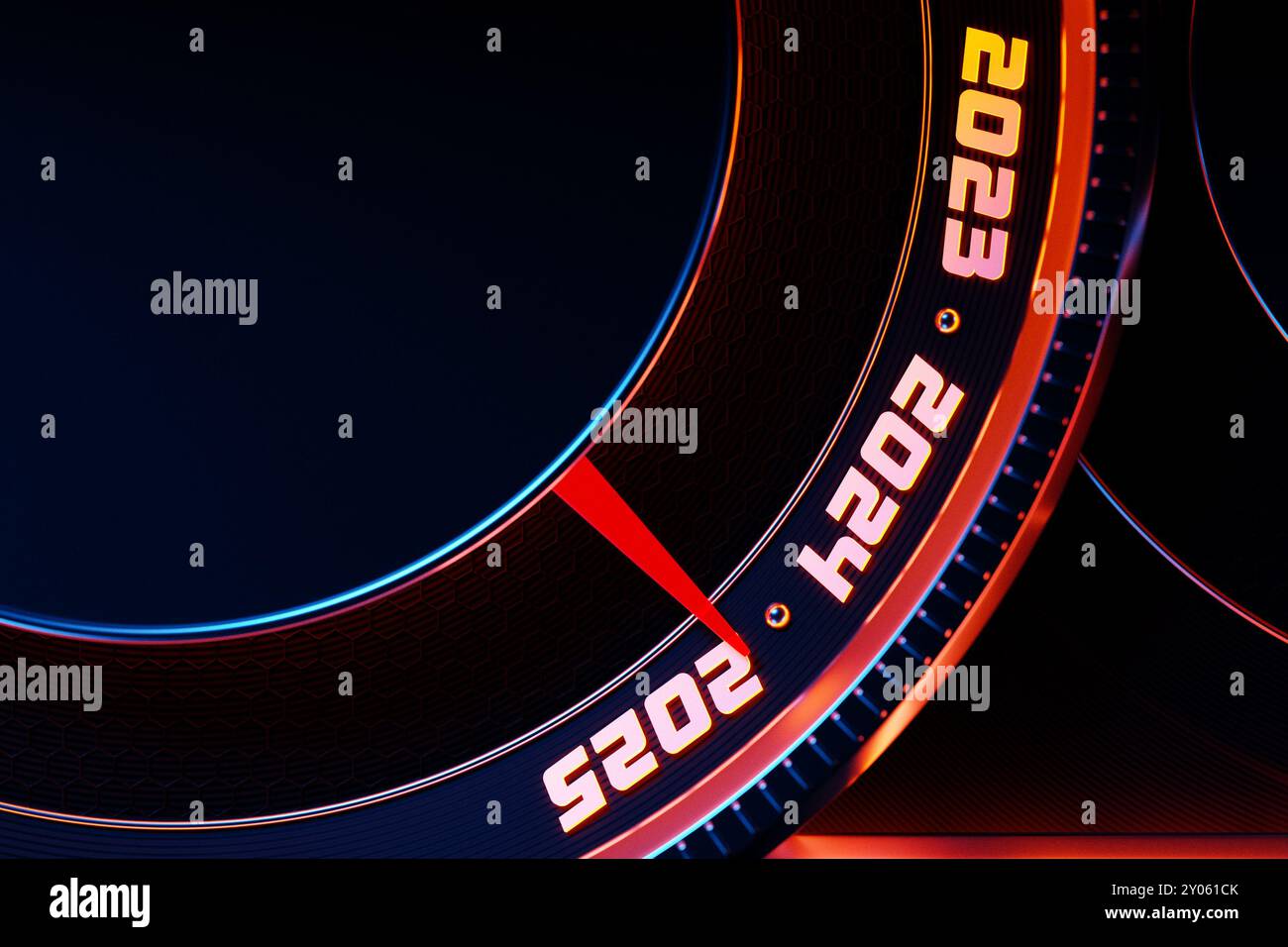 3D illustration close up black speedometer with cutoffs 2024,2025 . The ...