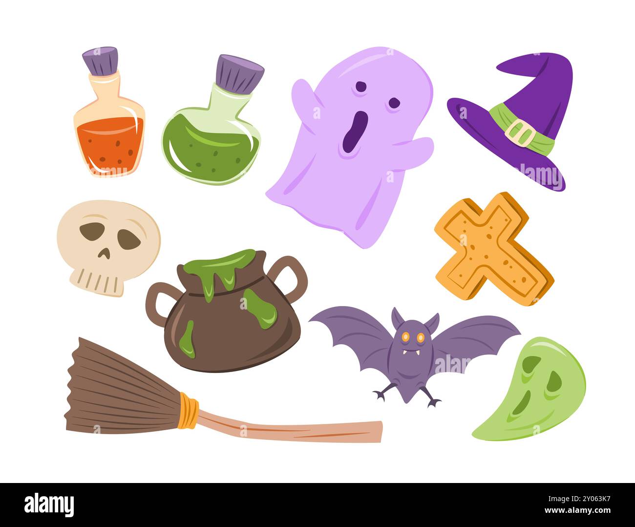 Set of Spooky Cartoon Characters and Elements for Halloween Concept ...