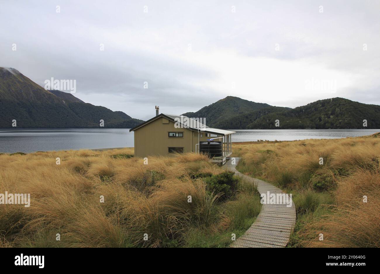 Scene in the Fjordland National Park, New Zealand. Public hut. Green ...