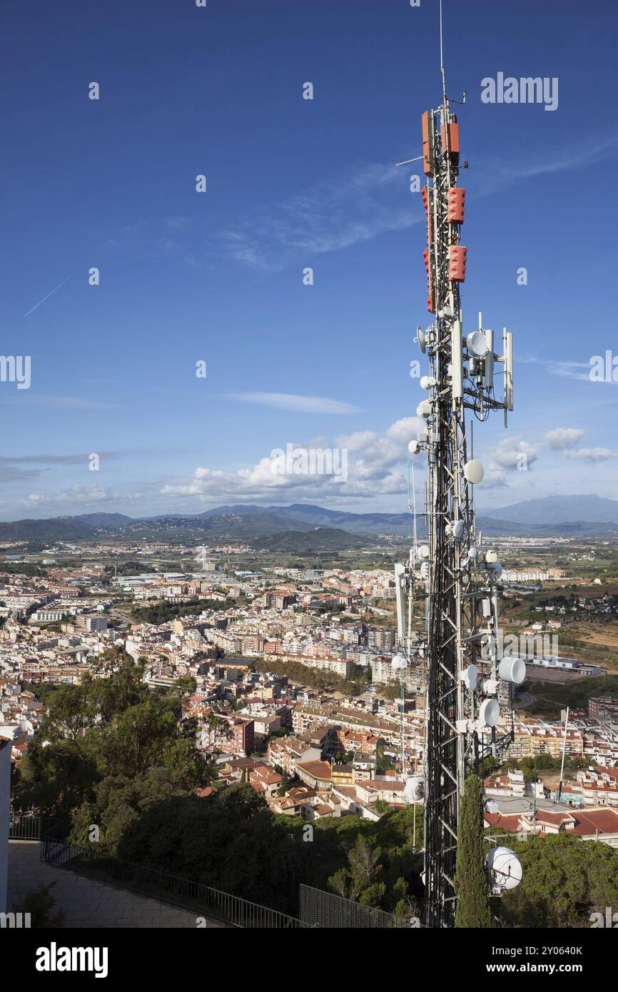 Spain, Blanes town, radio mast, communication tower with antennas for ...