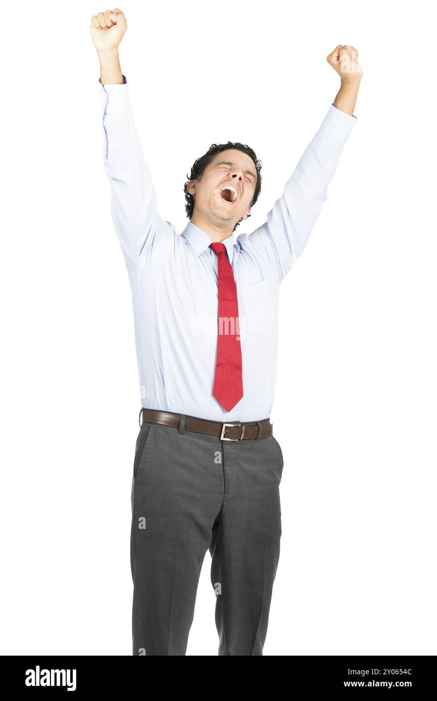 A tired hispanic male office worker in business clothes raising arms up ...