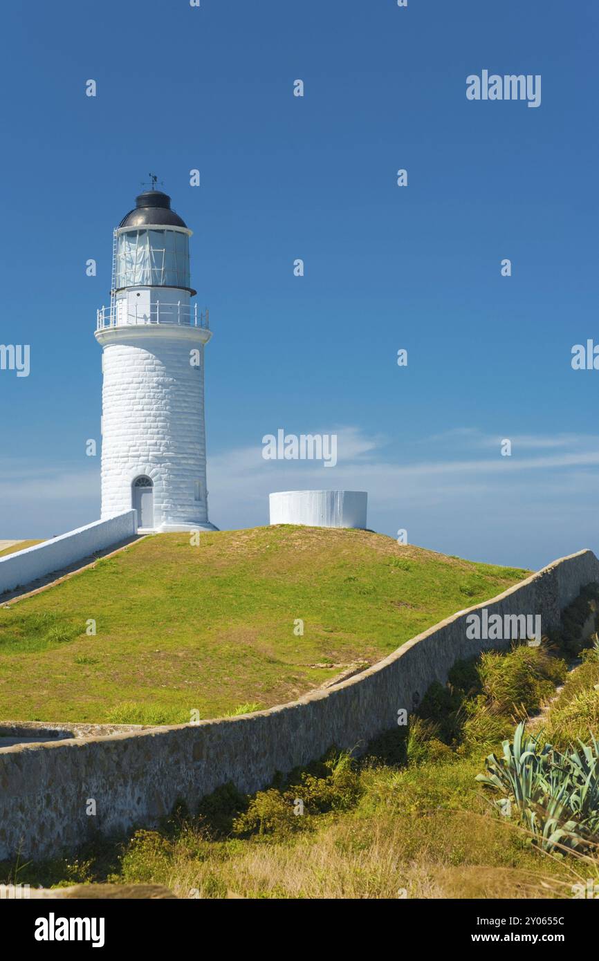 The Dongju Lighthouse stands atop of hill enclosed by a brick wall on ...