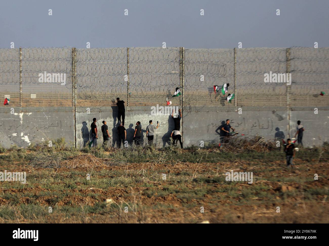 Gaza Strip, Palestine. August 21, 2023. Palestinian national flags and ...