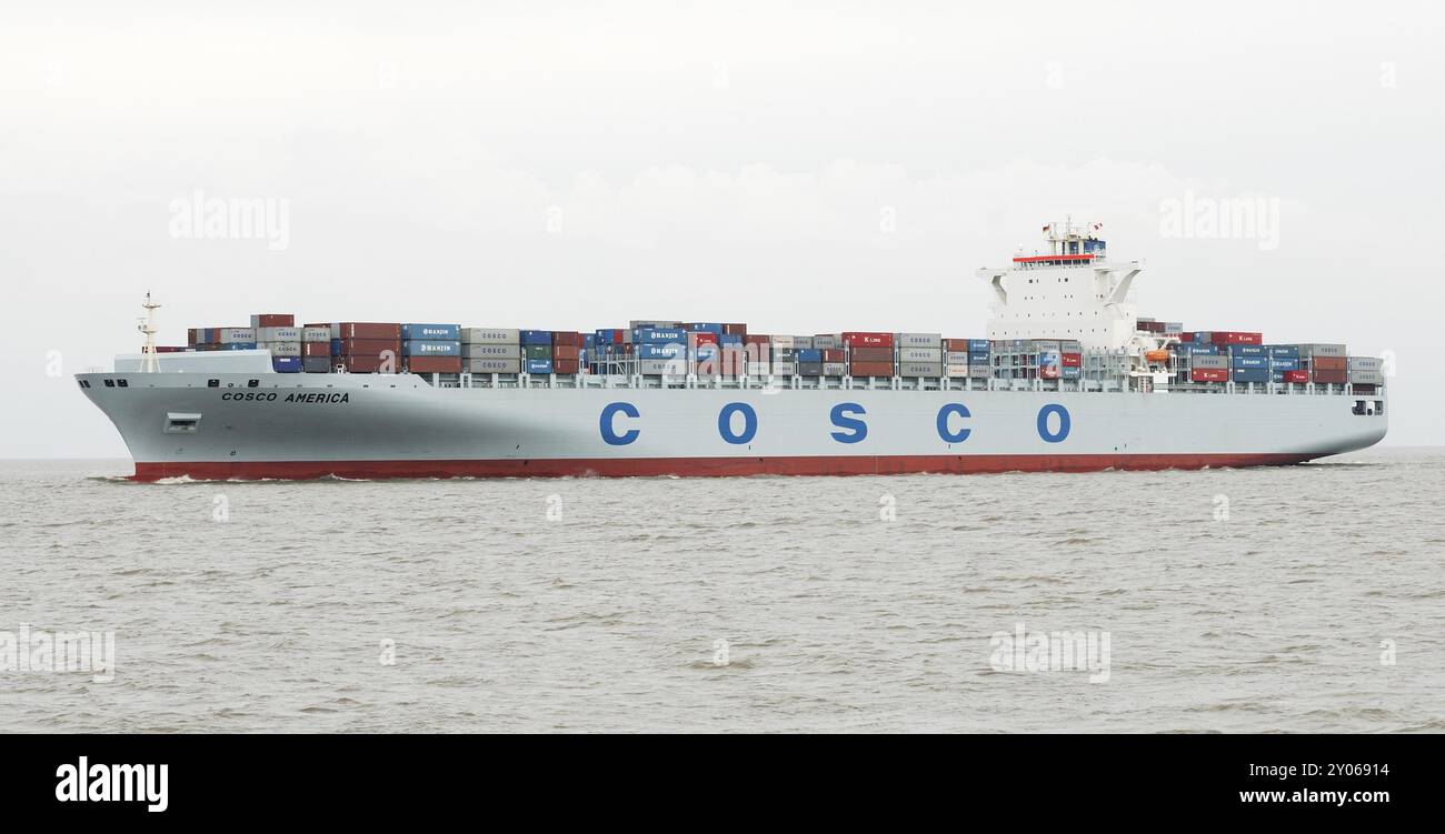 Containership newbuilding Cosco America sailing 14.04.2008 off Cuxhaven IMO number : 9345427 ...