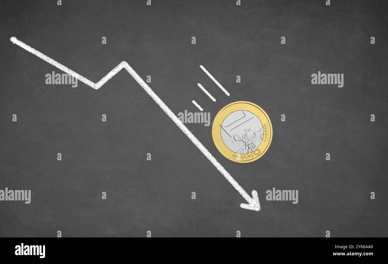 Falling Euro money cash. Arrow falling down. Drawn with white chalk on ...