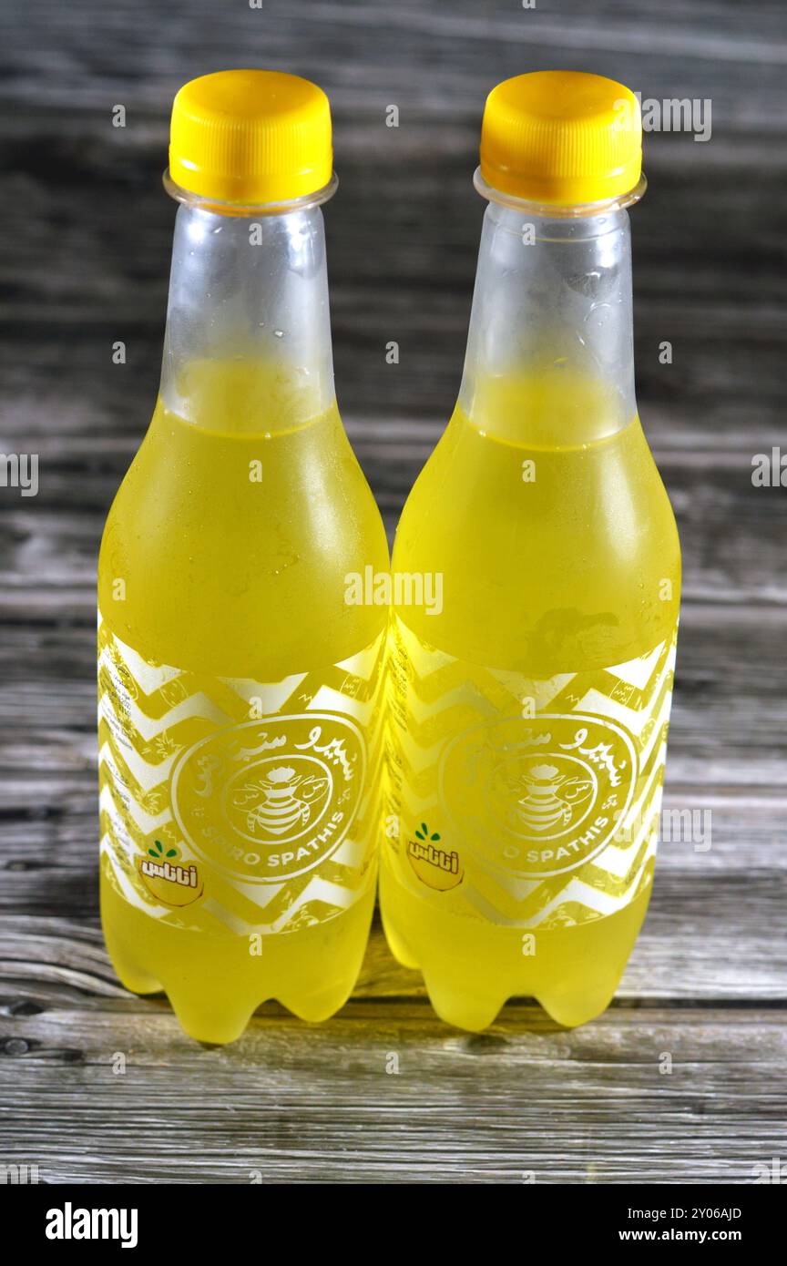 Cairo, Egypt, August 16 2024: Spiro Spathis pineapple soda drink, Spiro ...
