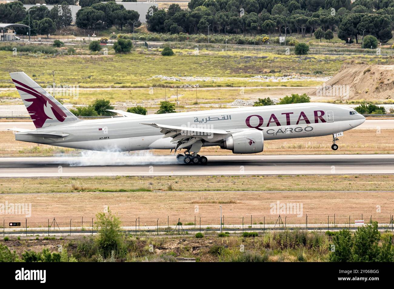 Madrid, Spain; 05-18-2024: Boeing 777 cargo plane of the Qatar cargo ...