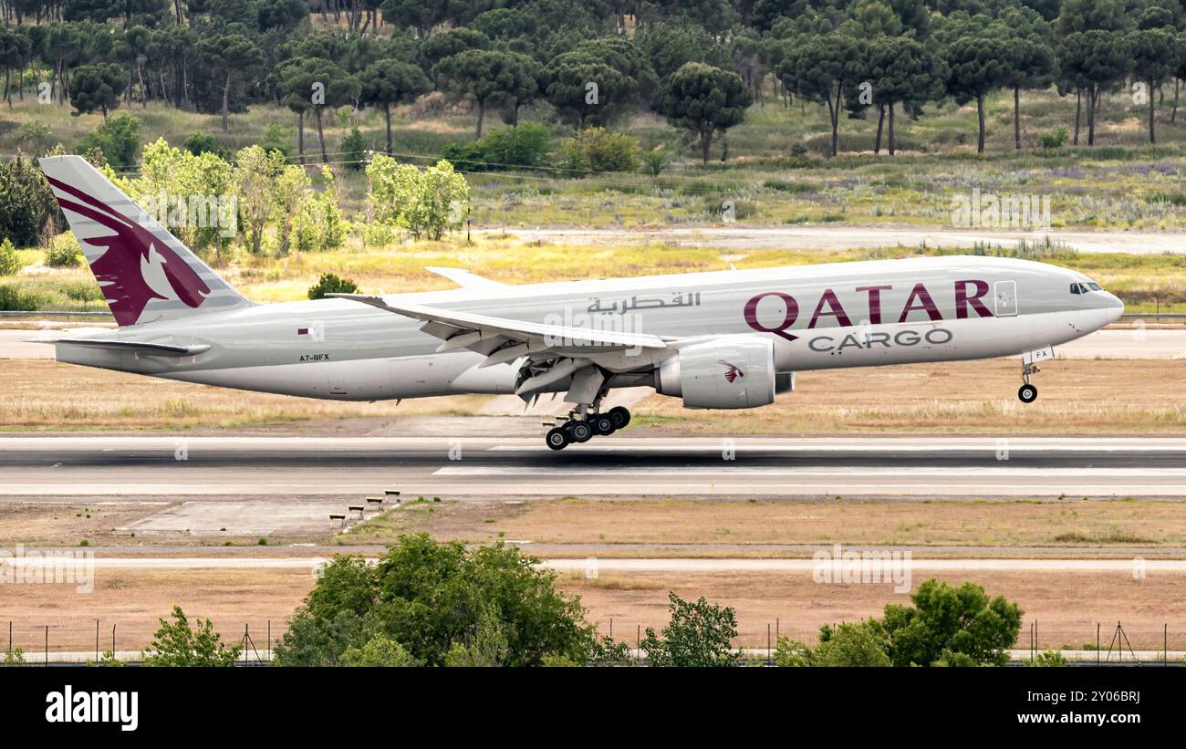 Madrid, Spain; 05-18-2024: Boeing 777 cargo plane of the Qatar cargo ...