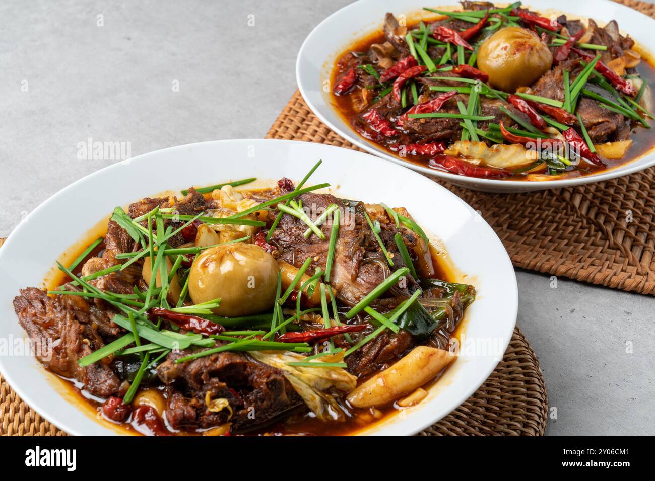 Pork, braised backbone, spicy, ribs, chives, peppers, onions, rice ...