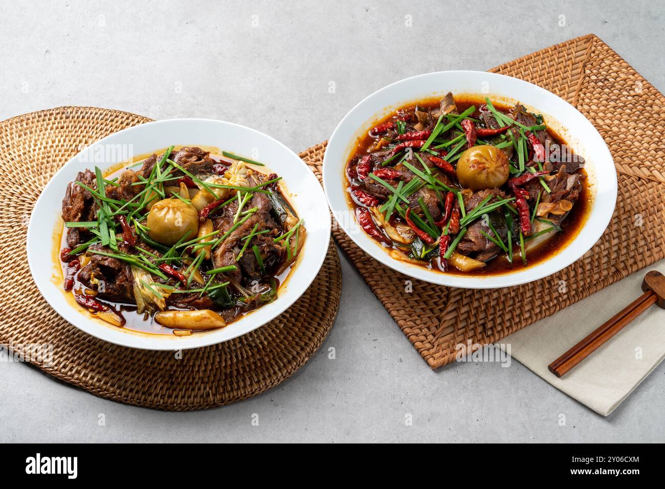 Pork, braised backbone, spicy, ribs, chives, peppers, onions, rice ...