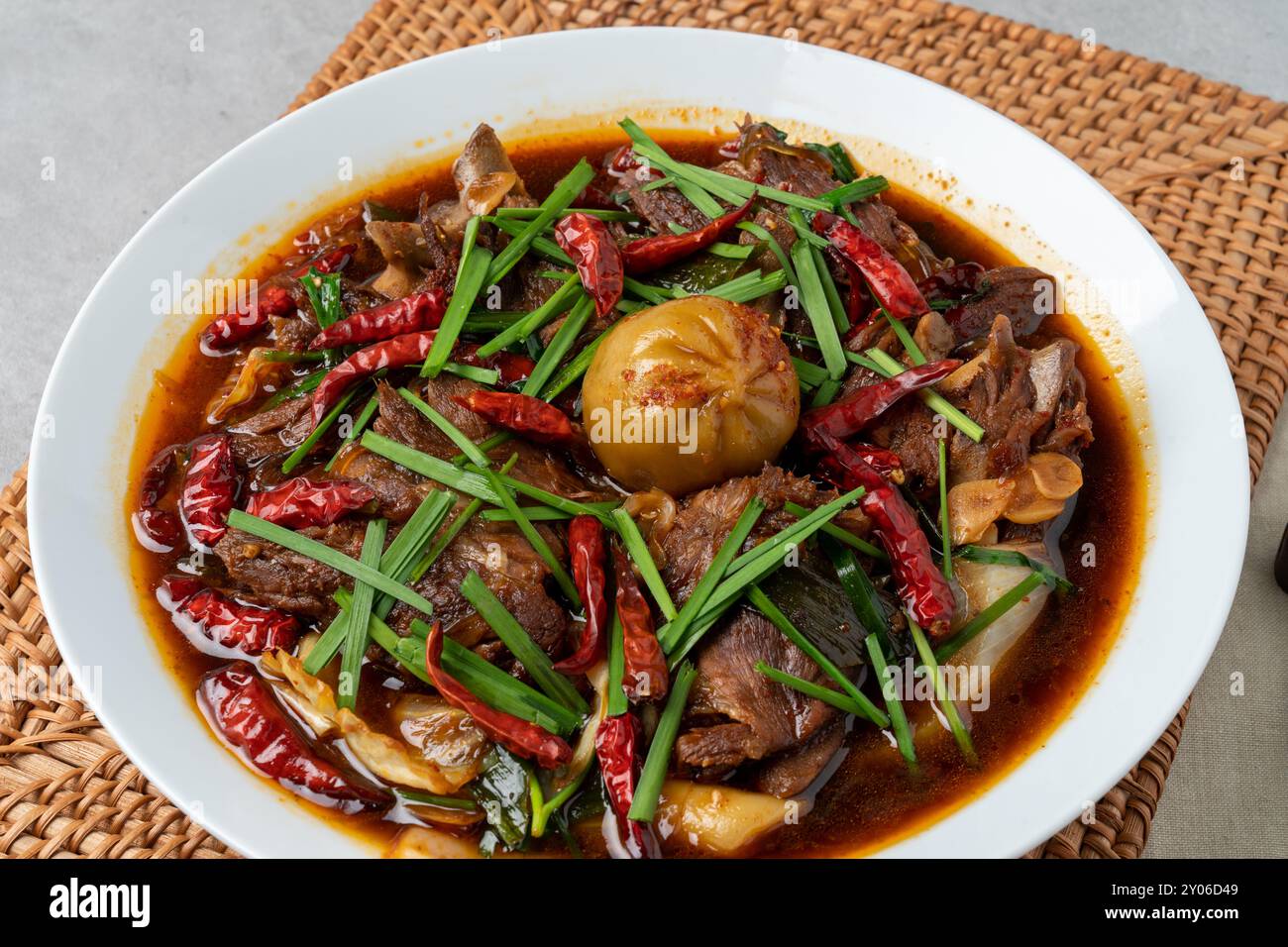 Pork, braised backbone, spicy, ribs, chives, peppers, onions, rice ...