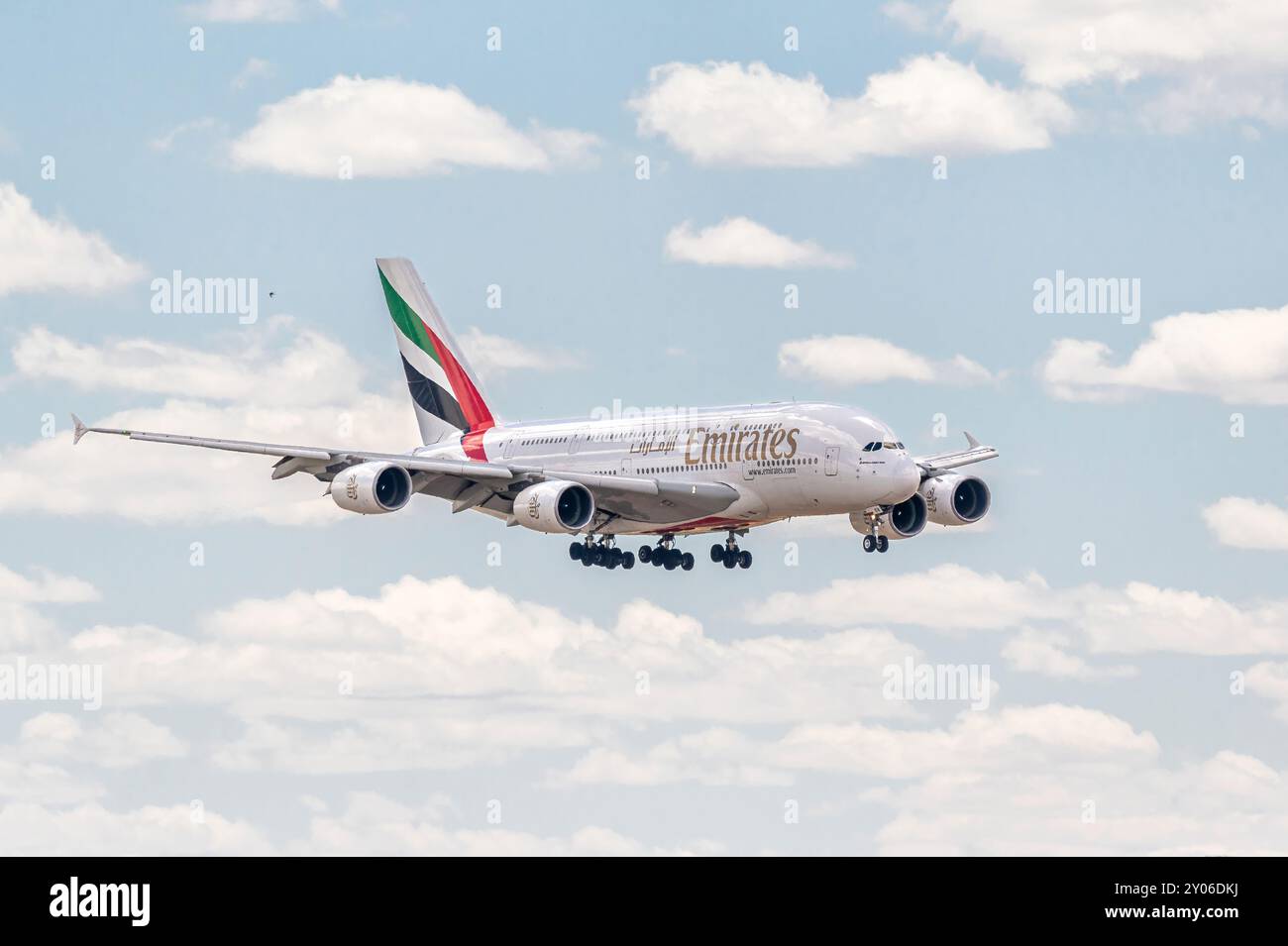 Madrid, Spain; 05-18-2024: Emirates airline plane and Airbus A380 model ...