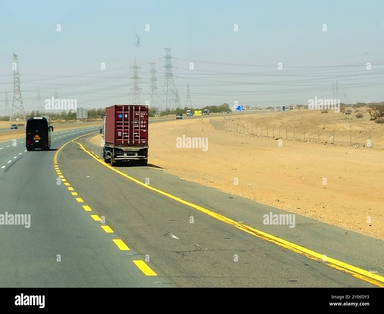 Makkah Madinah road, Saudi Arabia, June 25 2024: Vehicles at The desert ...