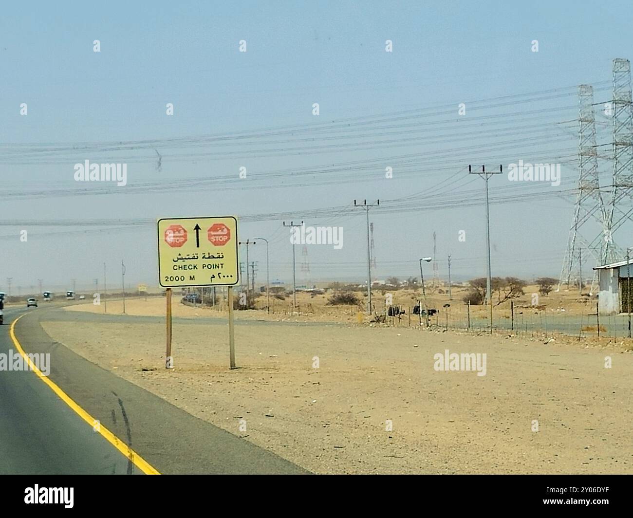 Makkah Madinah road, Saudi Arabia, June 25 2024: Check point road sign ...