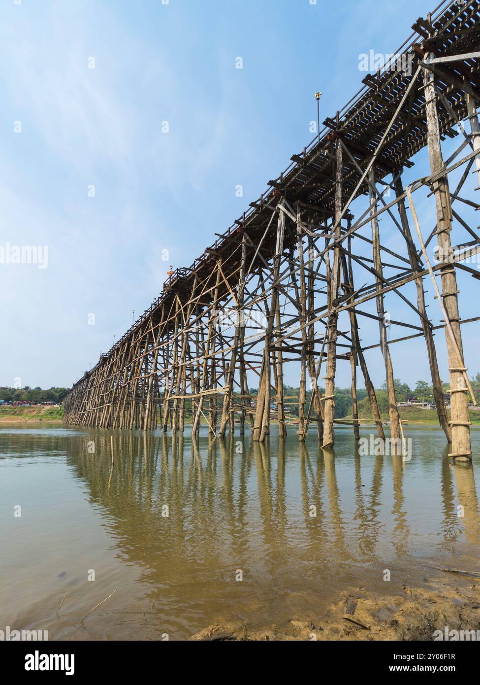 The old wooden bridge (MON BRIDGE) longest in Thailand. at Sangklaburi ...