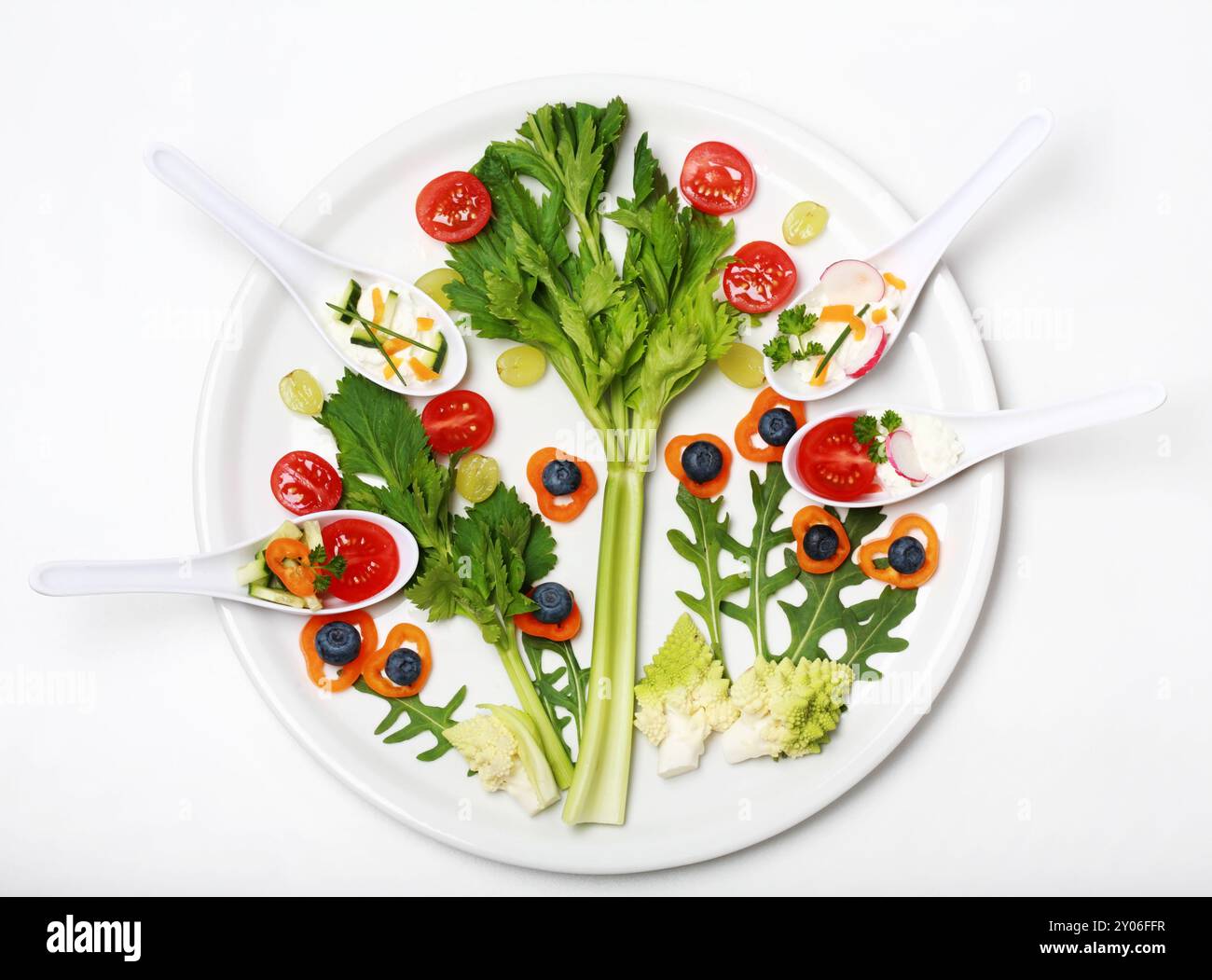 Concept of healthy eating - plate with vegetables and fruits as small ...