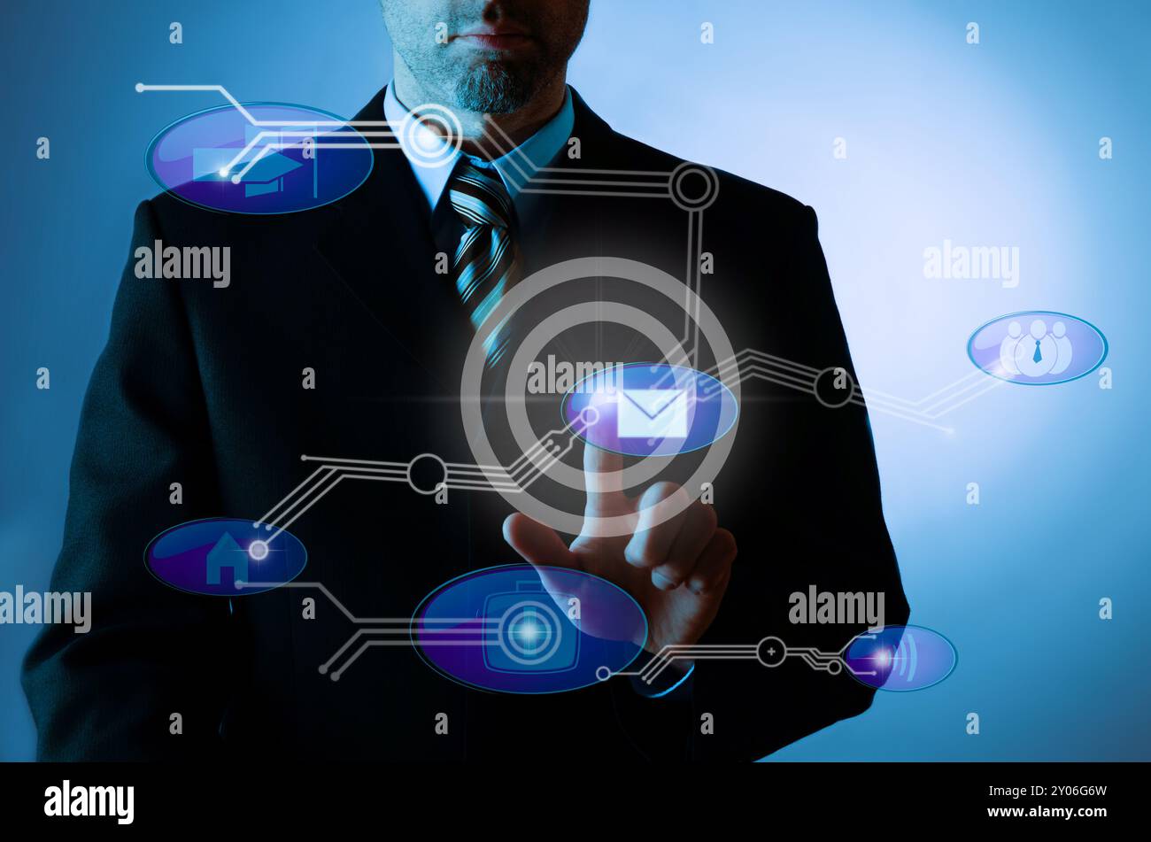 Businessman pointing on a screen, modern communication concept image ...