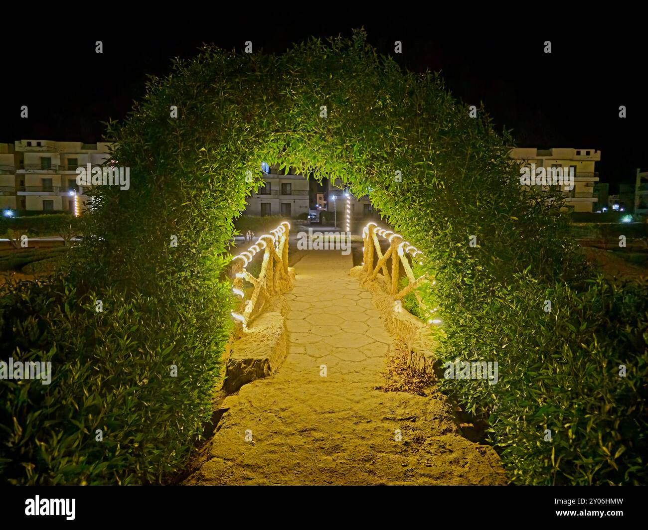 pedestrian bridge and night lights of a landscape in front of the beach ...