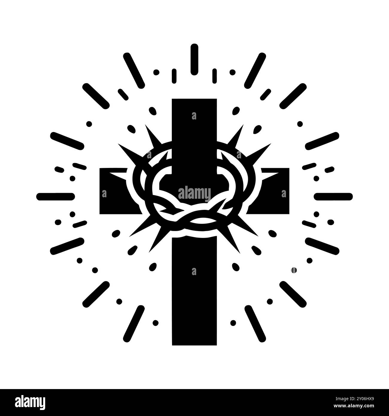 Christian cross with crown of thorns icon. Black silhouette of a Christian cross. Crucifixion of ...