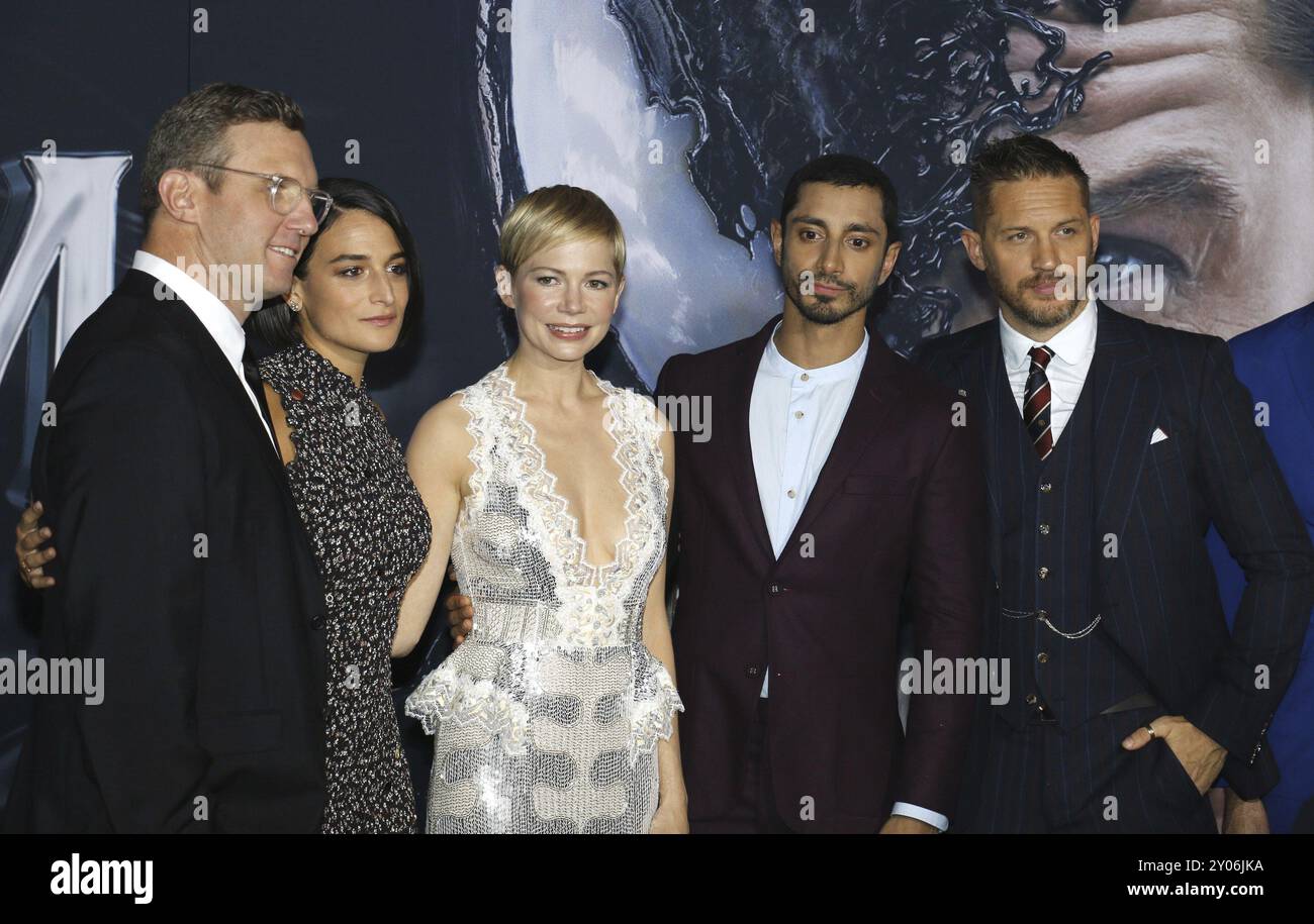 Ruben Fleischer, Riz Ahmed, Jenny Slate, Tom Hardy and Michelle Williams at the Los Angeles ...