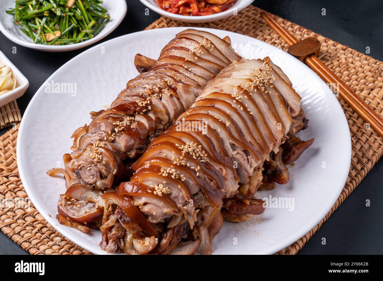 Jokbal, Korean food, steamed pork, tray, buckwheat noodles, side dishes ...