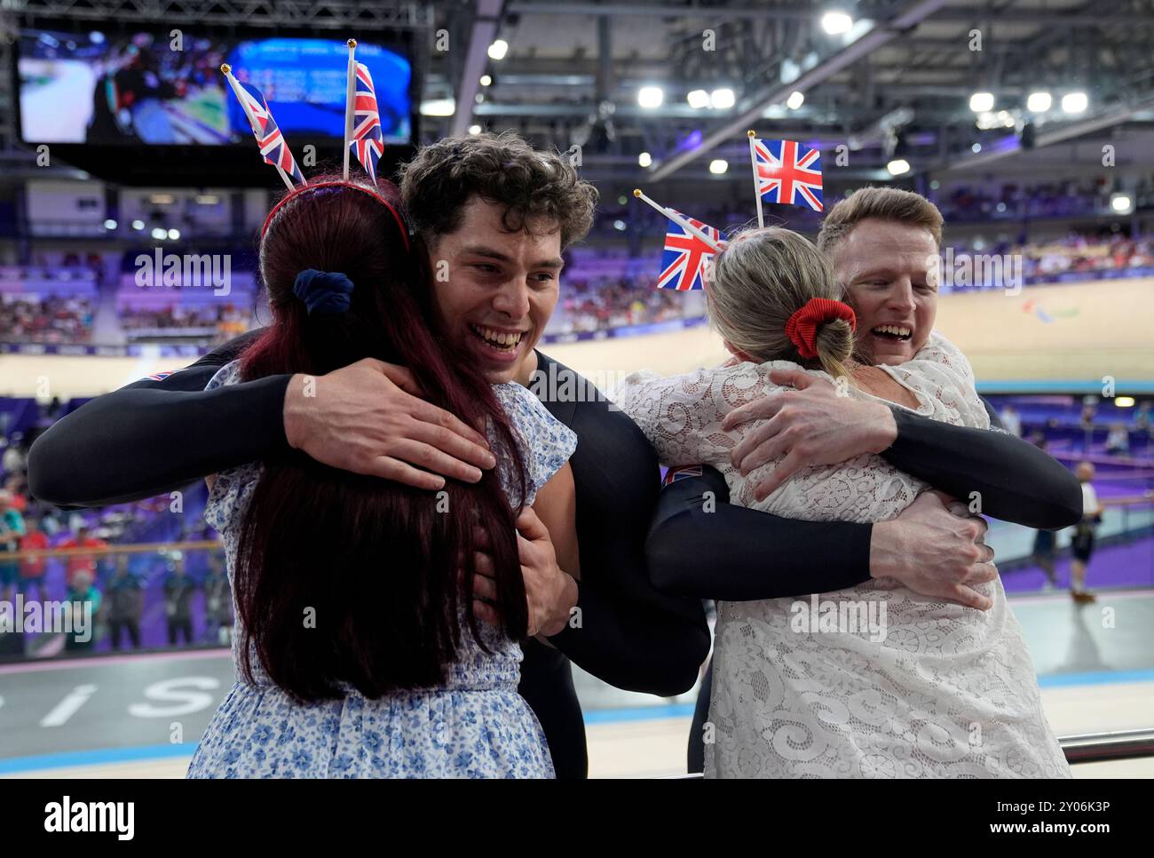Great Britain's James Ball and pilot Steffan Lloyd celebrate winning gold in the Men's B 1000m ...
