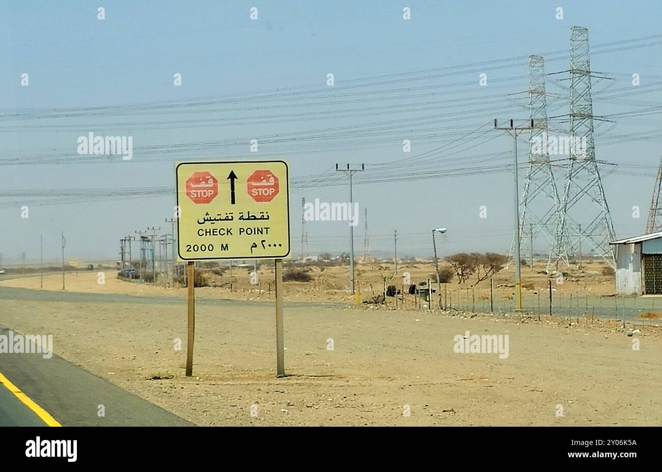 Makkah Madinah road, Saudi Arabia, June 25 2024: Check point road sign ...