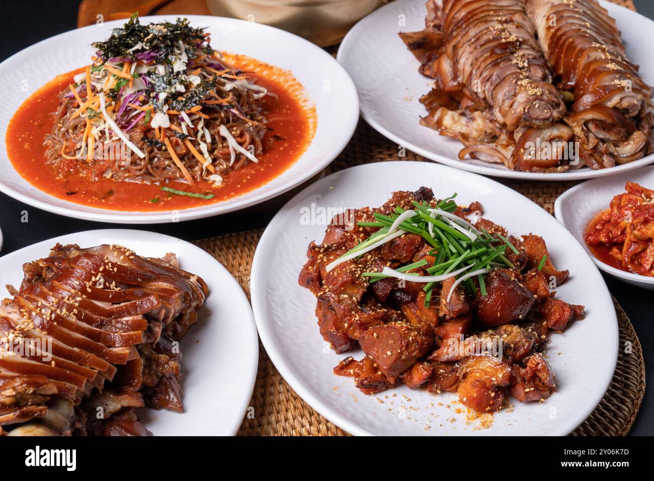 Jokbal, Korean food, steamed pork, tray, buckwheat noodles, side dishes ...