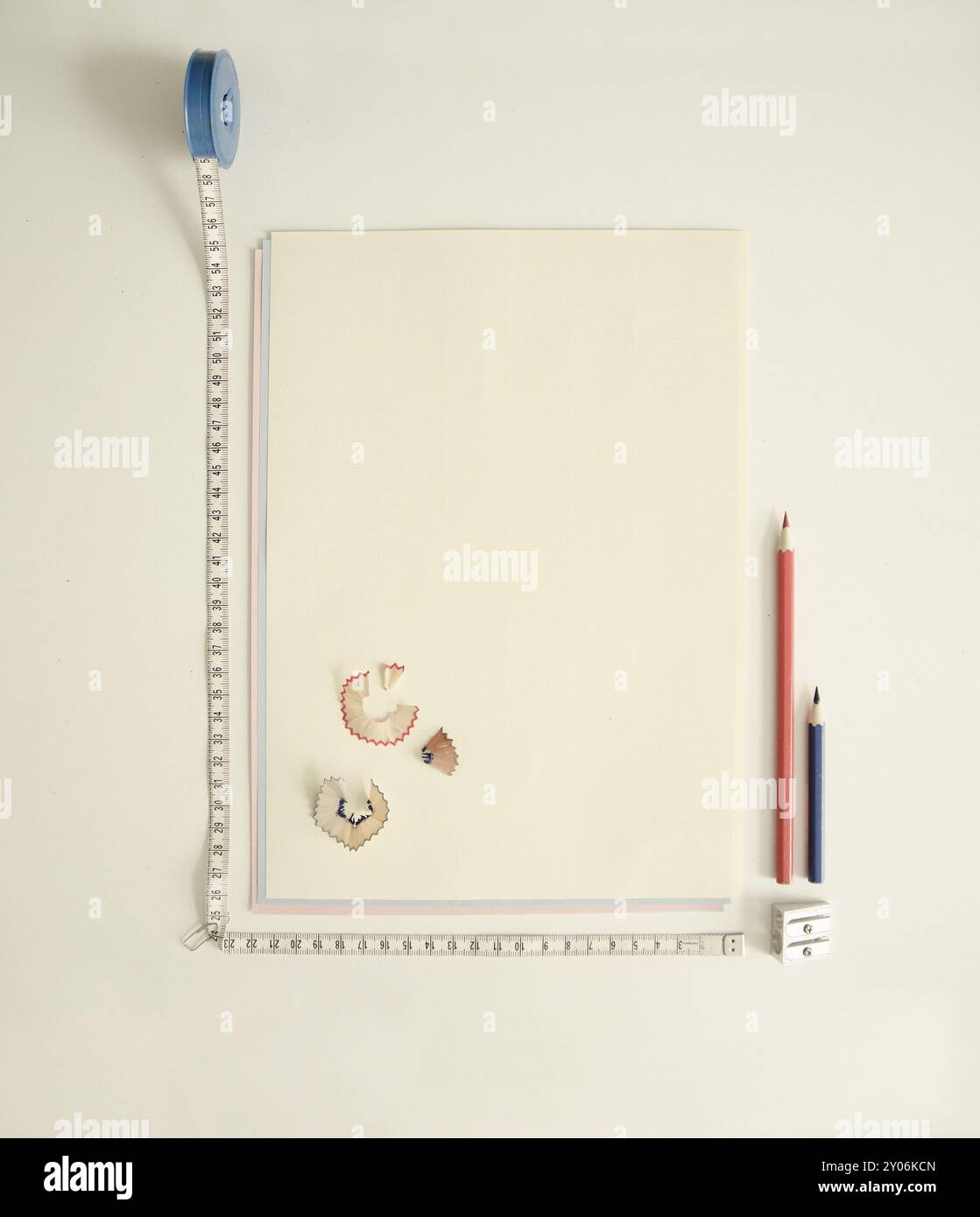 Pencil, paper, sharpener, metre tape Stock Photo - Alamy