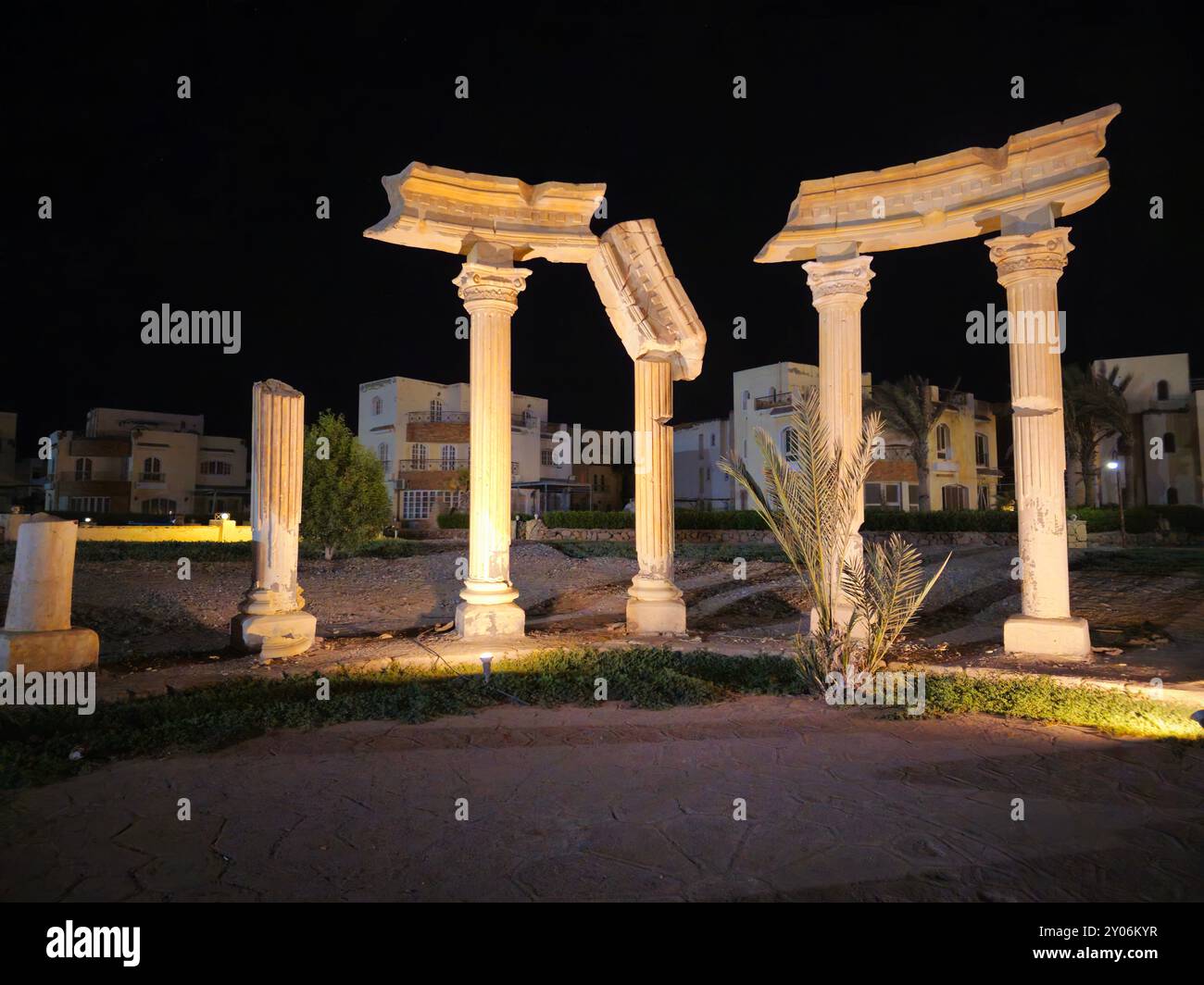 collection of old ancient Greek columns ruins decoration, a landscape ...