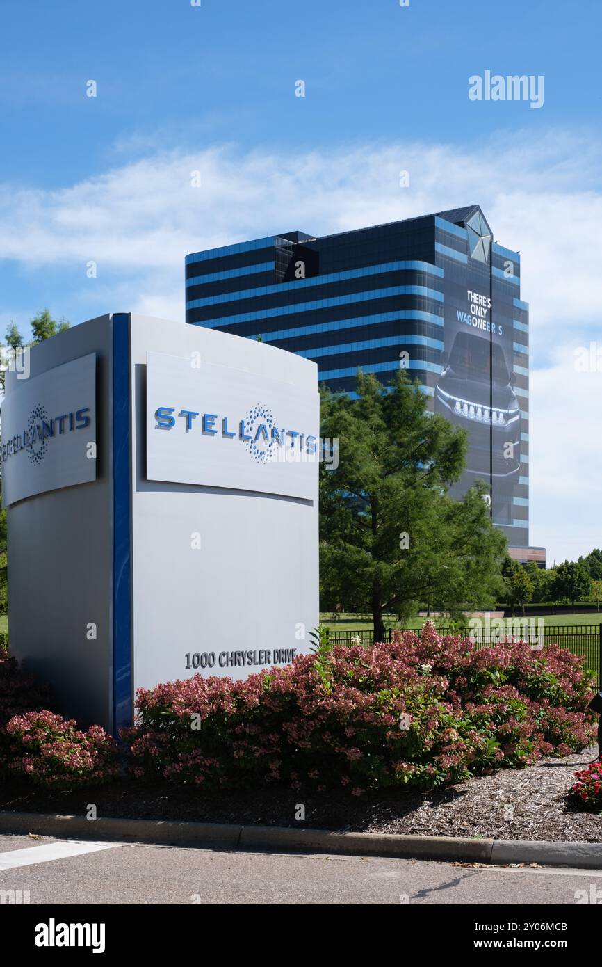 Stellantis sign outside the Chrysler Technology Center and World ...
