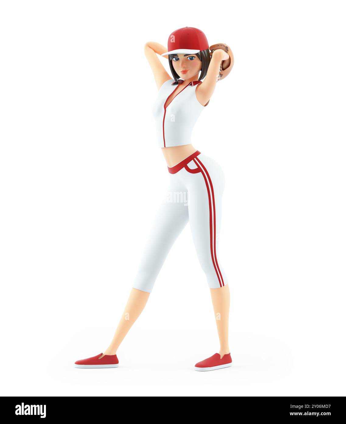 3d baseball girl preparing to throw, illustration isolated on white ...