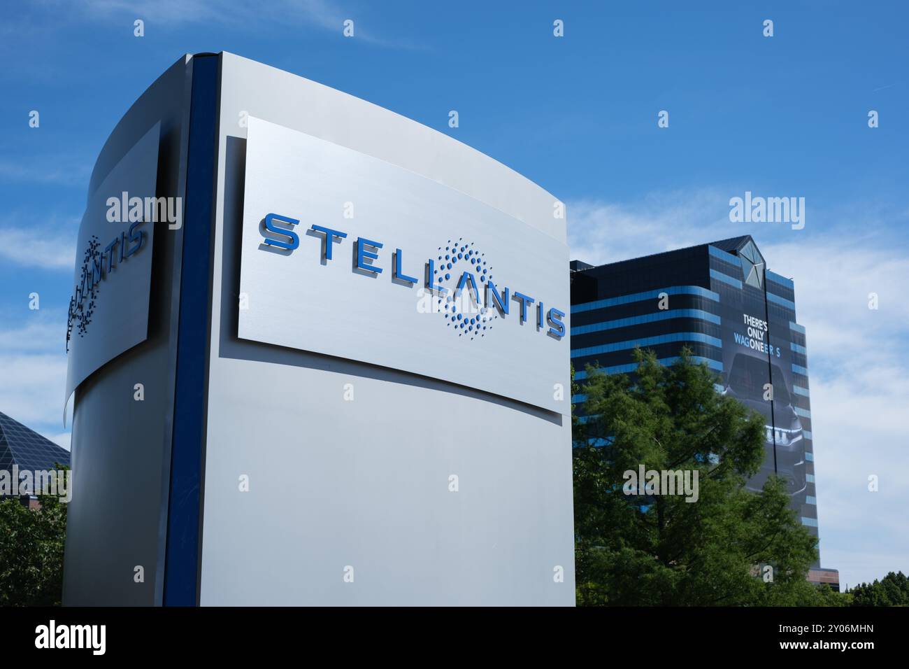 Stellantis sign outside the Chrysler Technology Center and World ...