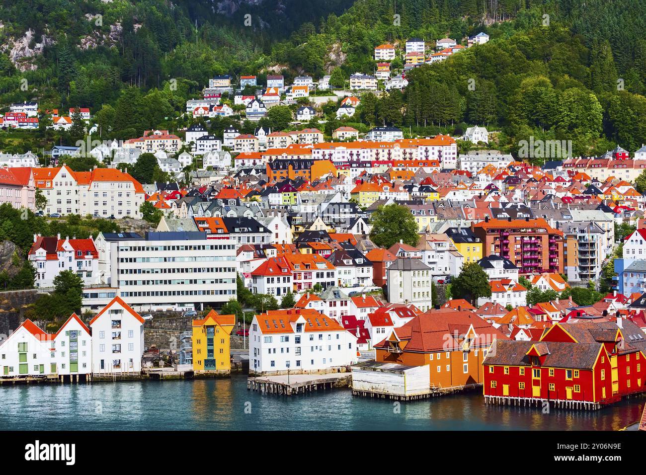 Bergen, Norway cityscape panorama with colorful traditional houses and ...