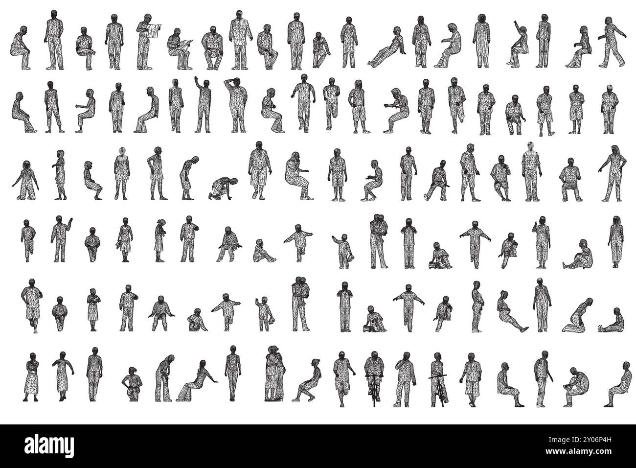 Set with people wireframe in different positions from black lines ...