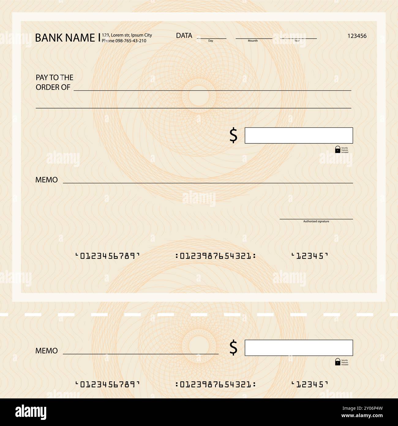 Bank cheque with guilloche pattern and place to write amount and ...