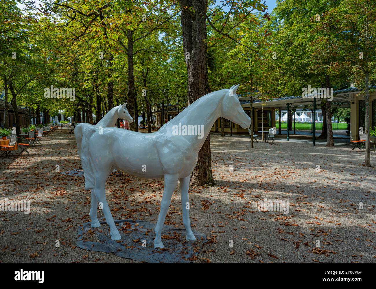 Colonnades in Baden Baden. With horses during the horse racing days in ...