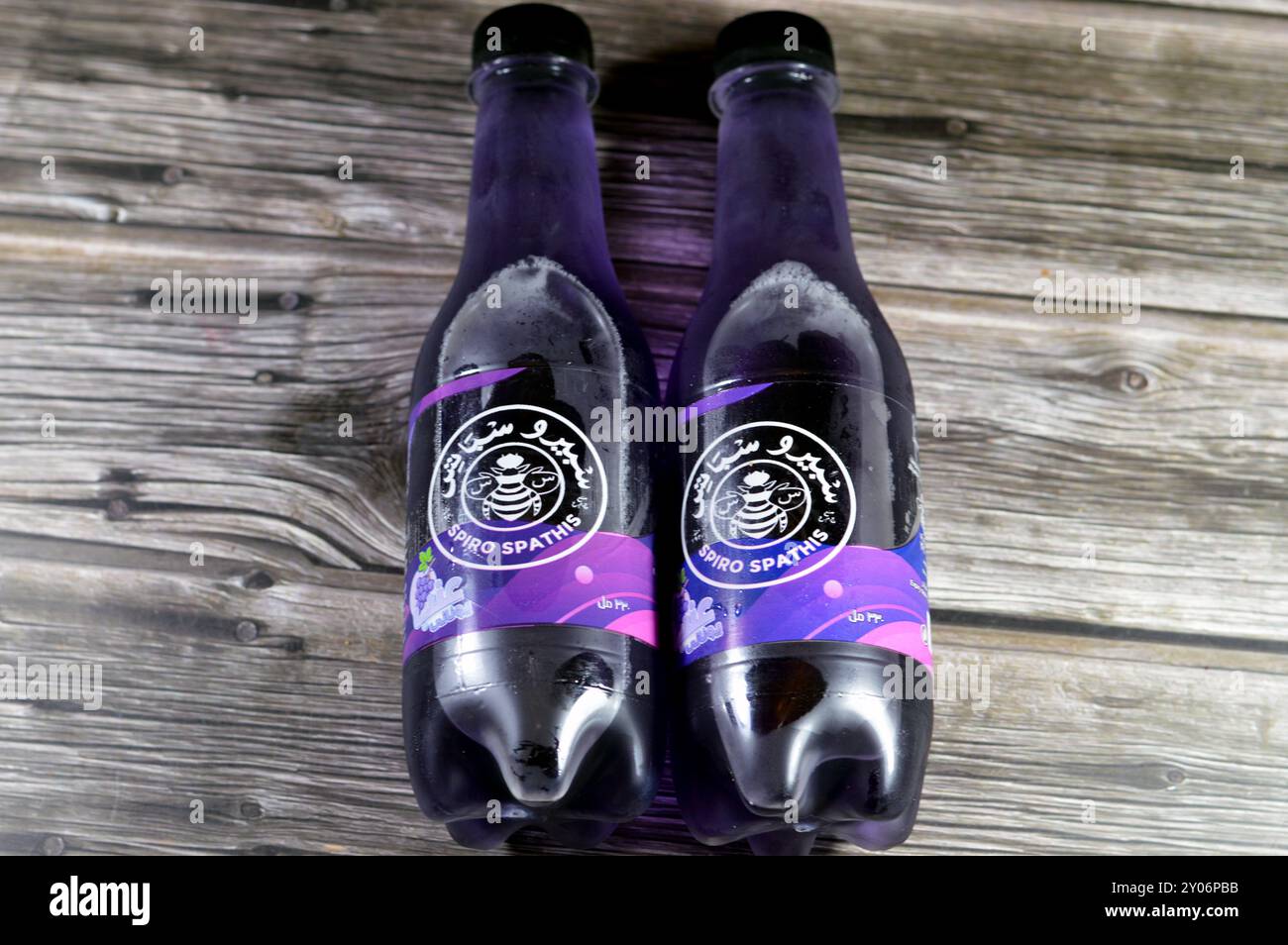 Cairo, Egypt, August 16 2024: Spiro Spathis with Greek grape soda drink ...