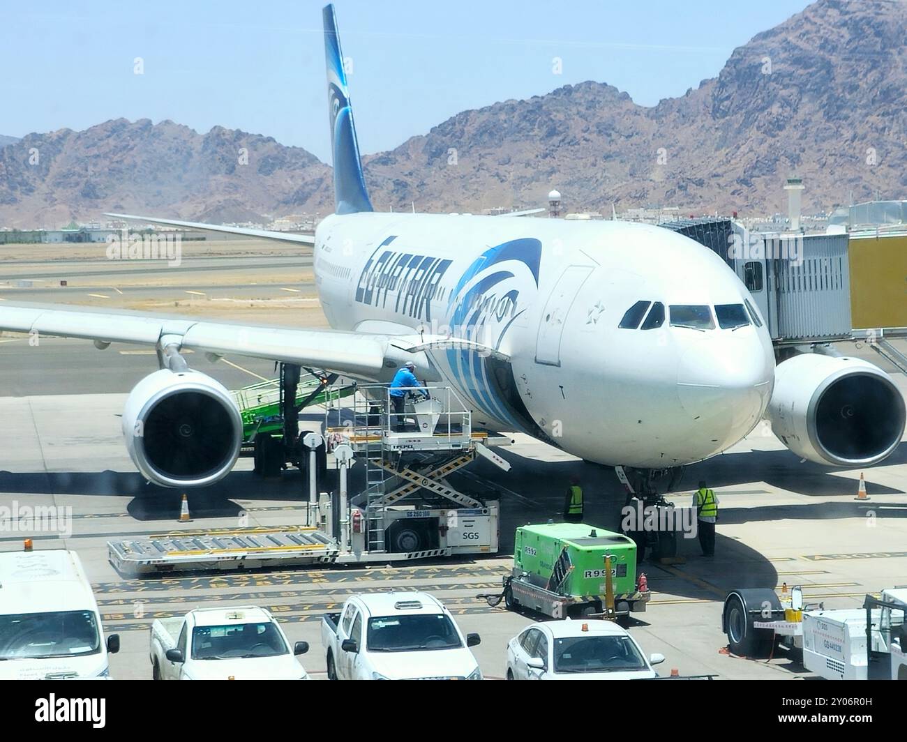 Medina, Saudi Arabia, June 29 2024: Egypt Air plane in Prince Mohammad Bin AbdulAziz ...