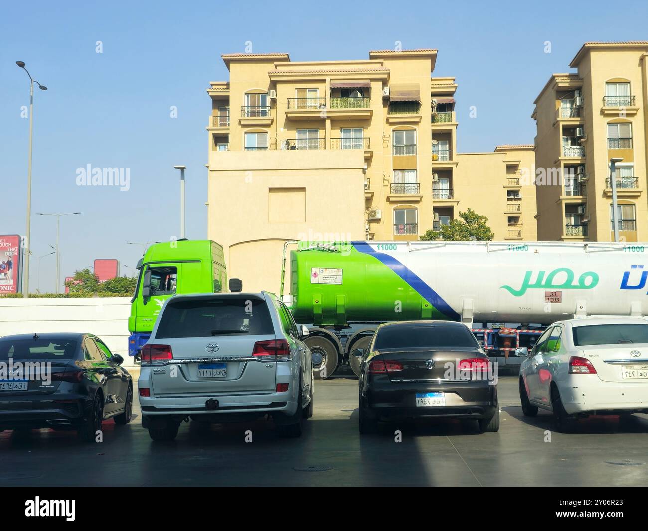 Cairo, Egypt, August 12 2024: Emarat Misr large tanker car ready for refueling the petrol ...