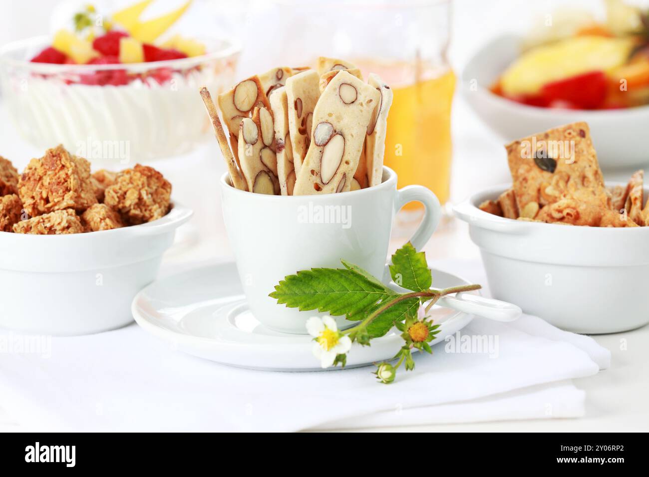 Healthy breakfast with yogurt, fresh fruits and cereal sticks Stock ...