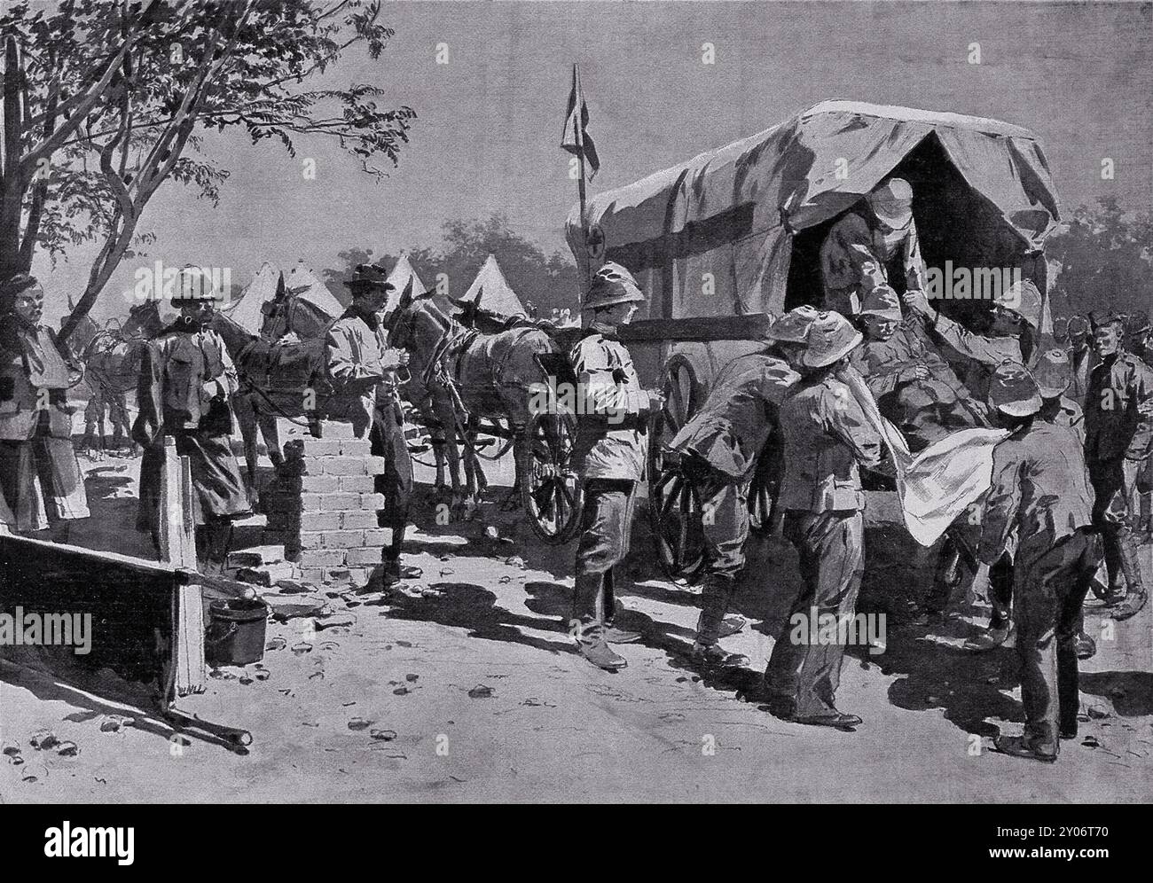 Sick and wounded soldiers arriving at Modder River Camp during the Boer War as depicted by F. de ...