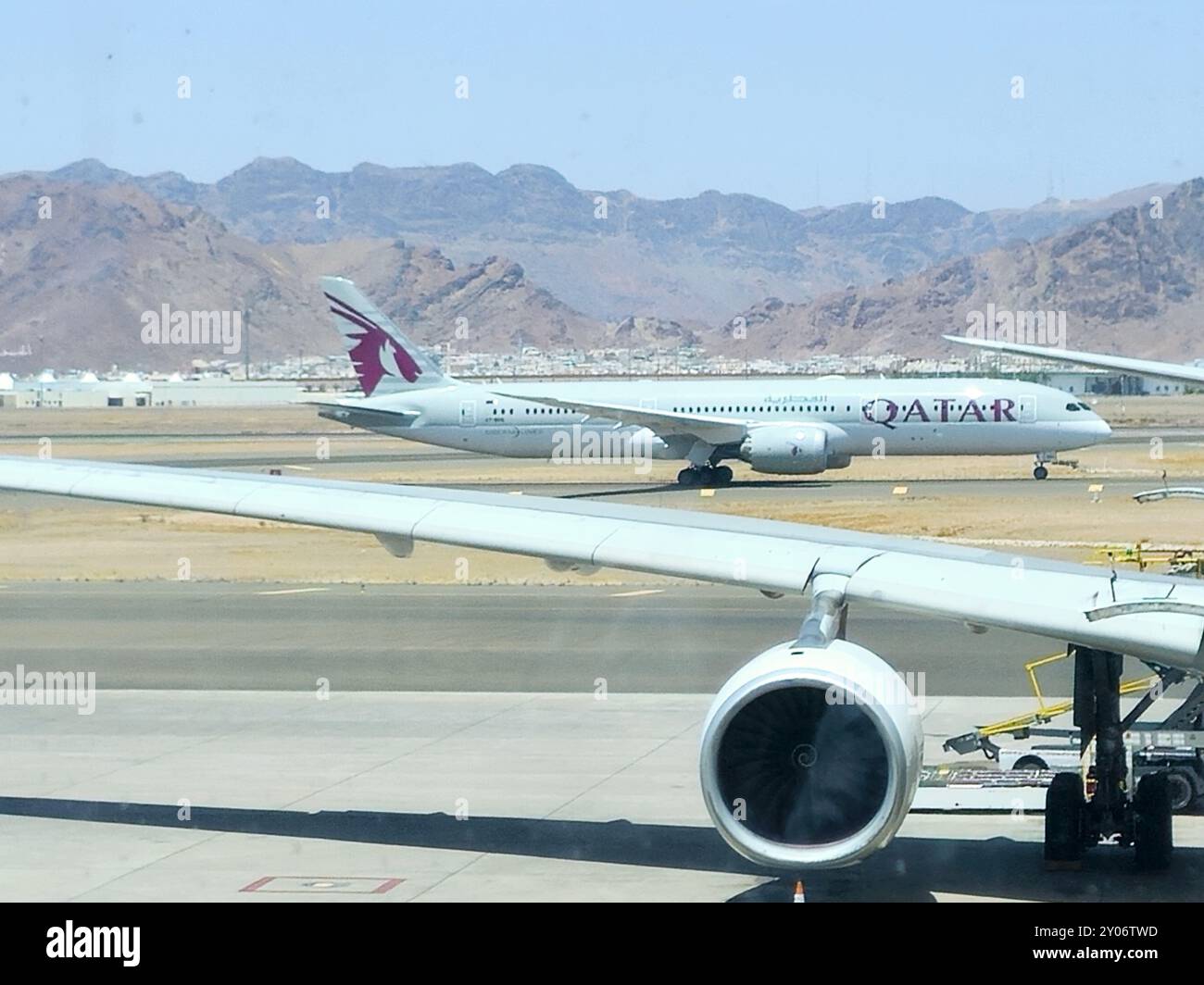 Medina, Saudi Arabia, June 29 2024: Qatar Airways plane in Prince Mohammad Bin AbdulAziz ...