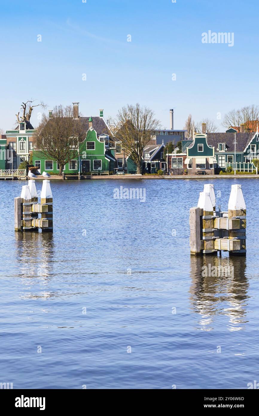 Row of old dutch green traditional houses in town Zaanse Schans in ...